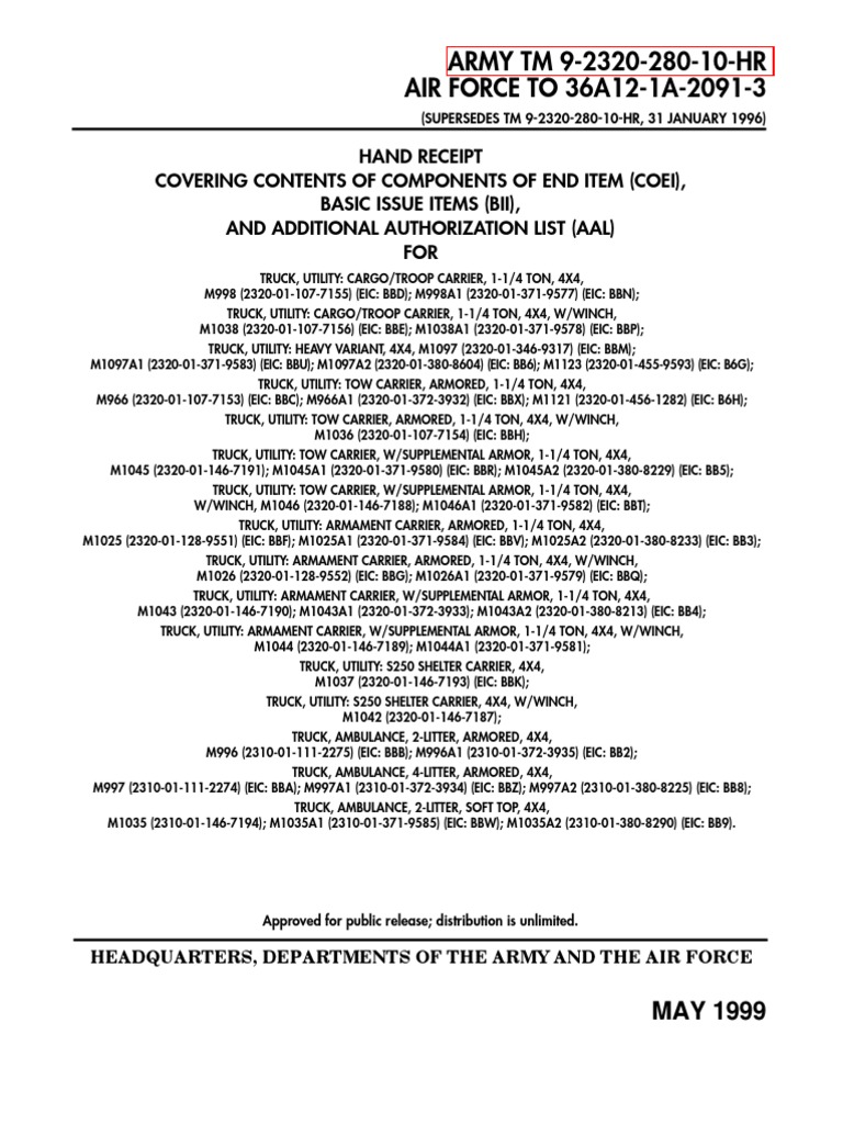 Tm 9 2320 280 10 Hr Hmmwv Hand Recipt | Humvee | Classified Information