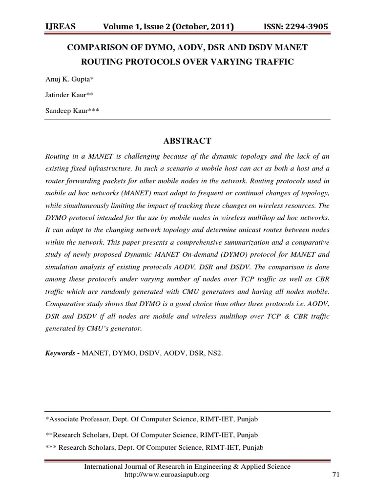 Comparison Of Dymo Aodv Dsr And Dsdv Manet Routing Protocols Over Varying Traffic Ijreas