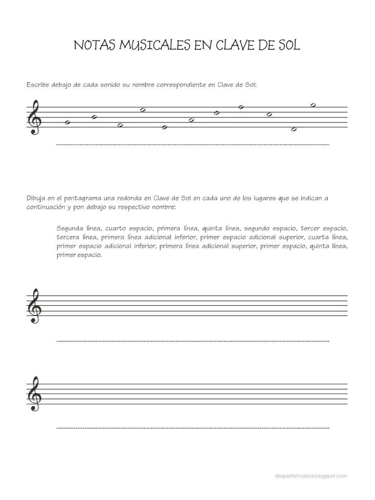 Hoja De Trabajo Con Los Nombres De Las Notas En Clave De Sol