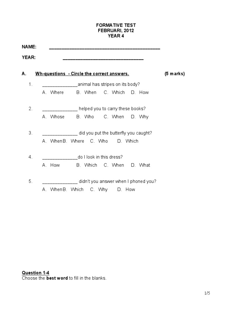 Formative Test FEBRUARI, 2012 Year 4 Name: - Year | PDF | Tooth ...