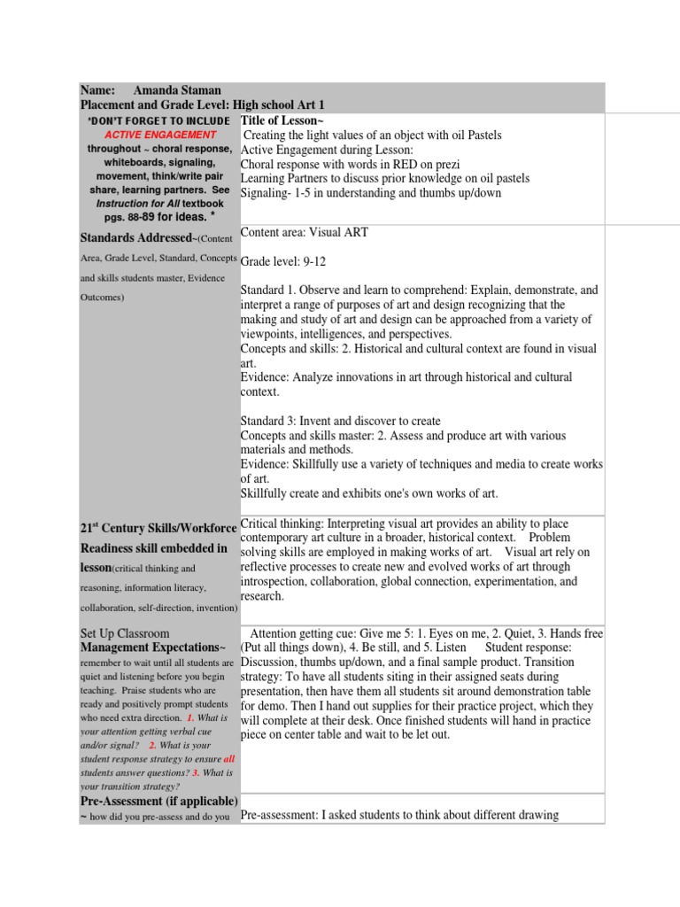 Lesson Plan For Oil Pastels | PDF | Critical Thinking | Neuropsychology