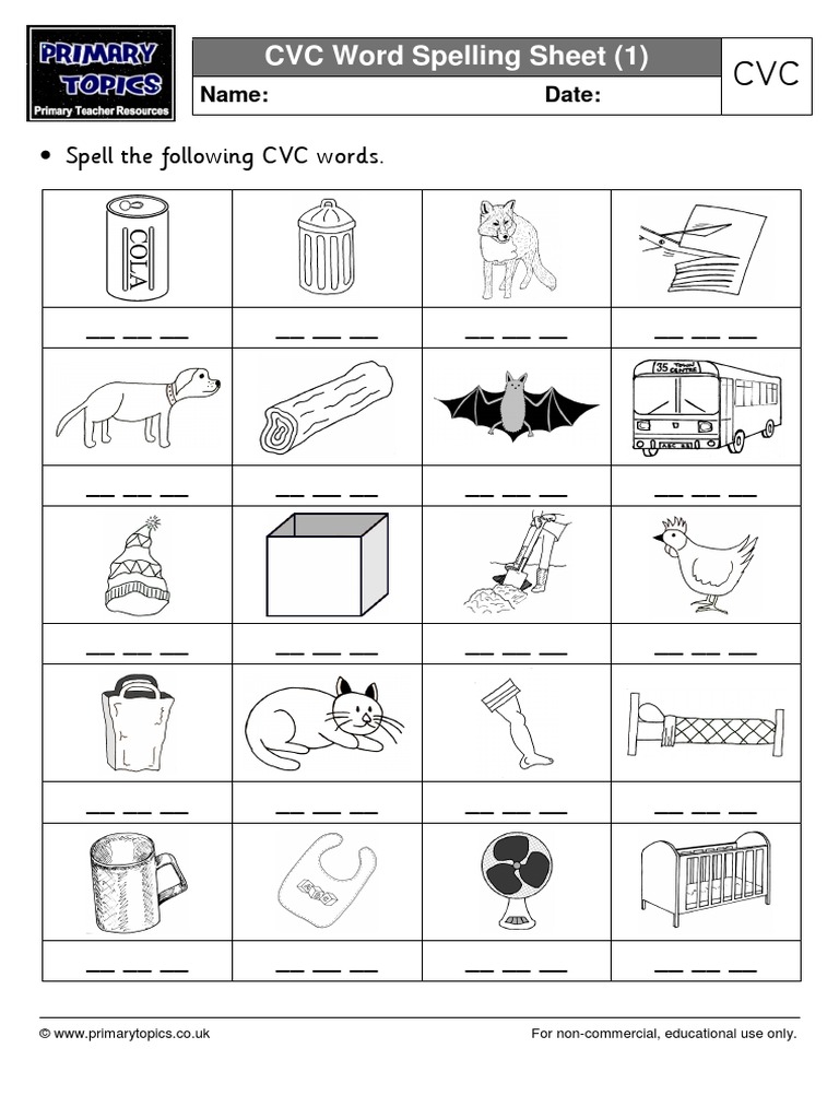 CVC Word Spelling Sheet (1) : - Spell The Following CVC Words | PDF ...