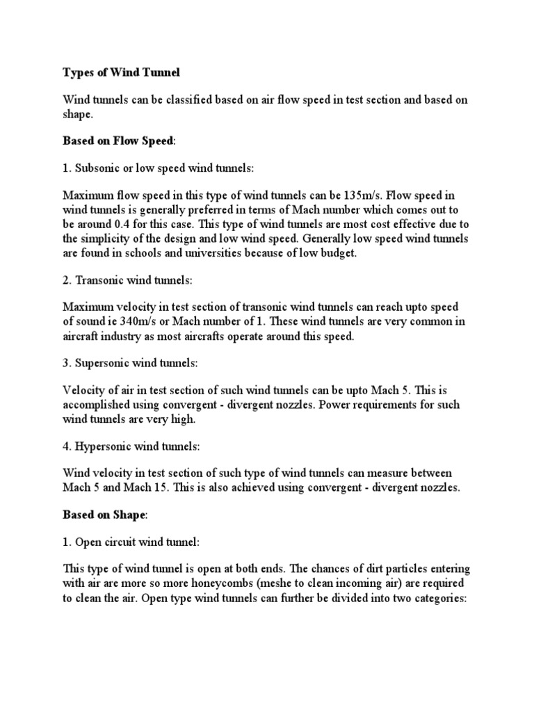 Types of Wind Tunnel | PDF | Wind Tunnel | Mach Number