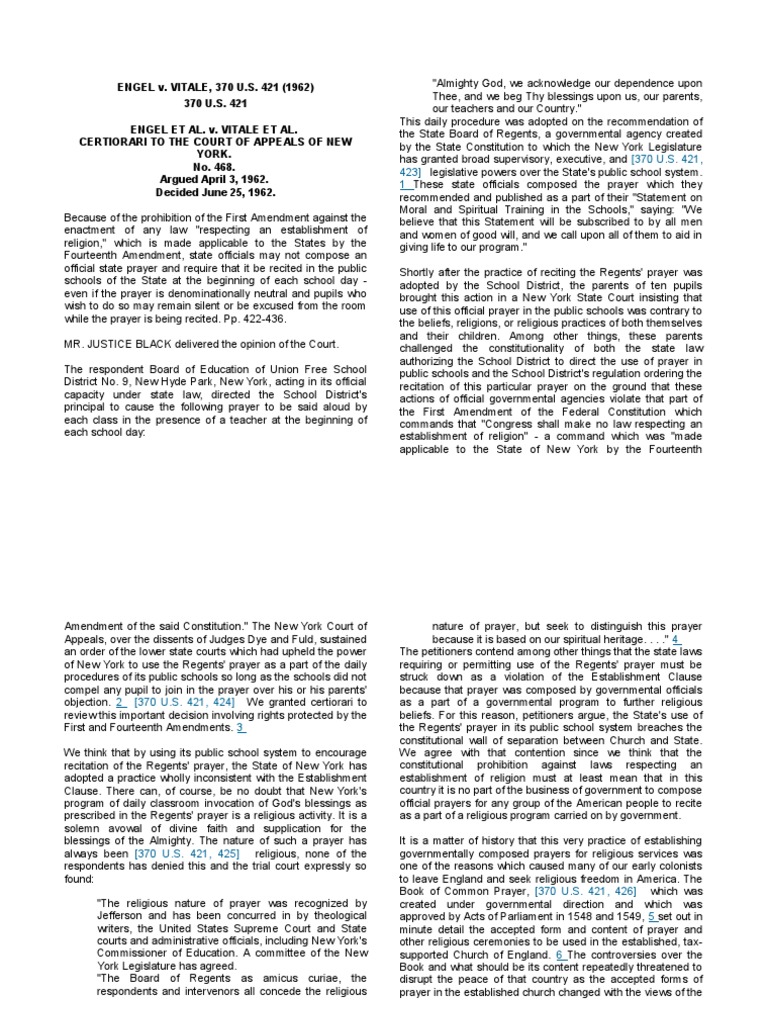 ENGEL v. VITALE | PDF | Establishment Clause | First Amendment To The ...