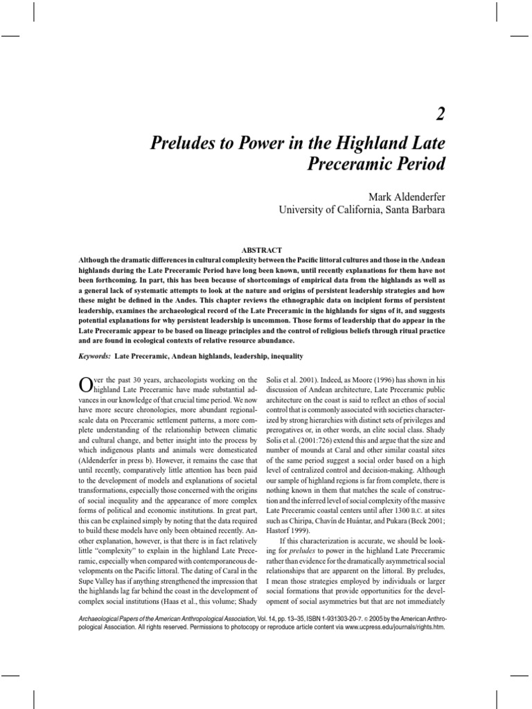 Aldenderfer - 2005 - Preludes To Power in The Highland Late Preceramic ...