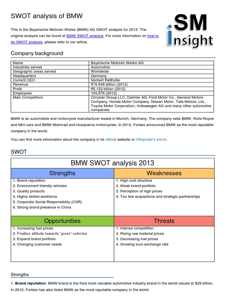 BMW Swot Analysis | Download Free PDF | Bmw | Emission Standard