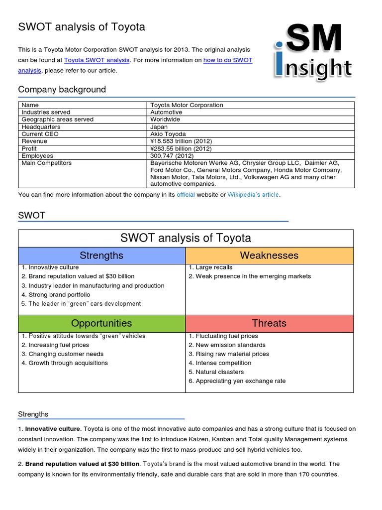 Toyota Swot Analysis | PDF | Toyota | Hybrid Electric Vehicle