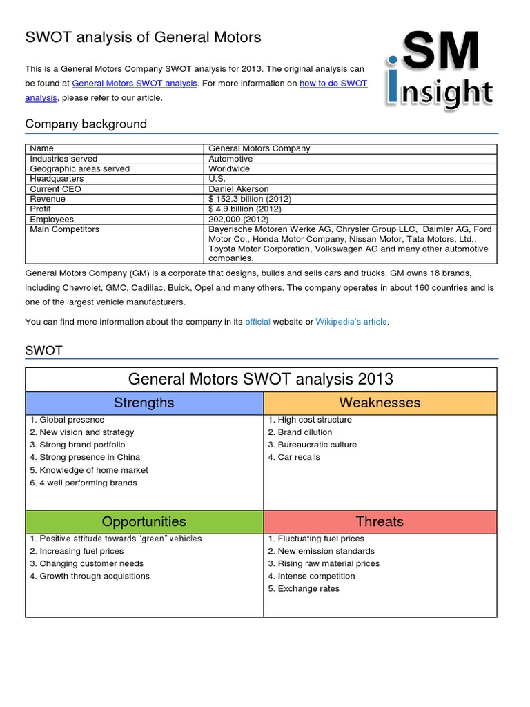 General Motors Swot Analysis | PDF | General Motors | Hybrid Vehicle