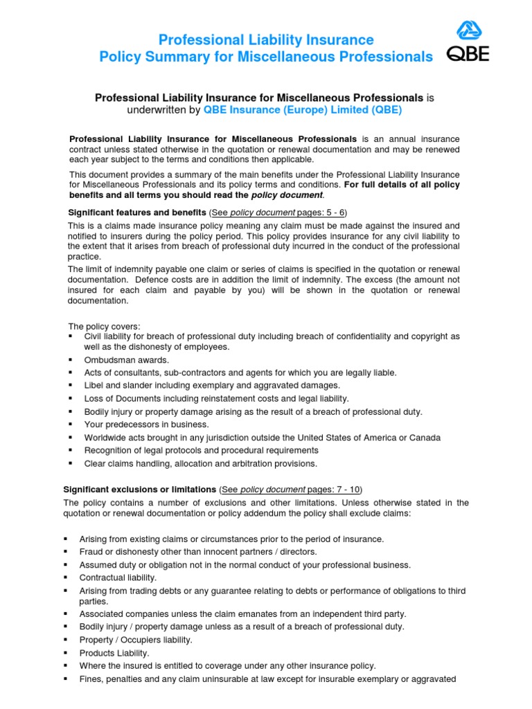 Professional Liability Insurance Policy Summary For Miscellaneous ...