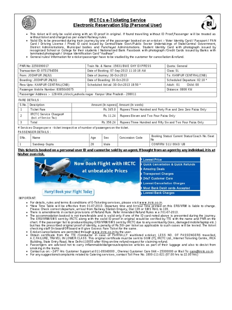 Irctcs E Ticketing Service Electronic Reservation Slip (Personal User) | PDF | Identity Document ...