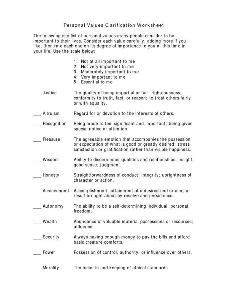 Personal Values Assessment Worksheet | PDF | Value (Ethics) | Well Being