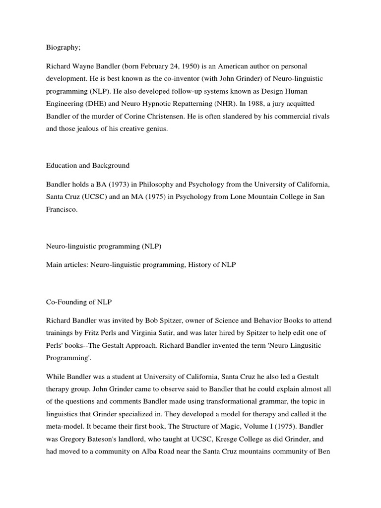 Richard Bandler: NLP Co-Inventor Biography | PDF | Neuro Linguistic ...