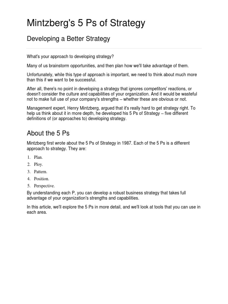 Understanding Mintzberg's 5 Ps of Strategy: A Framework for Developing ...