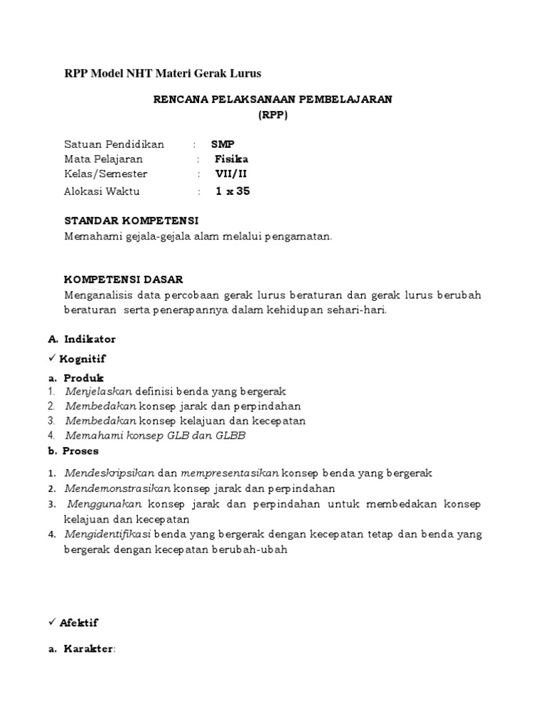 RPP Model NHT Materi Gerak Lurus | PDF