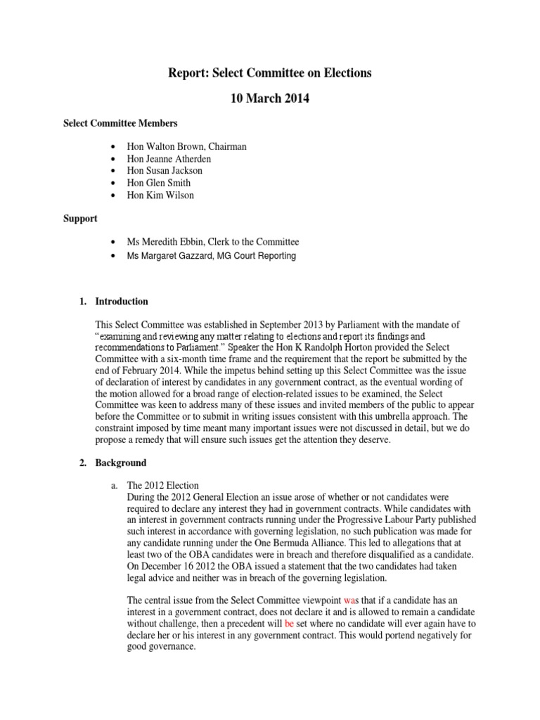 Parliamentary Select Committee Report On Elections | PDF