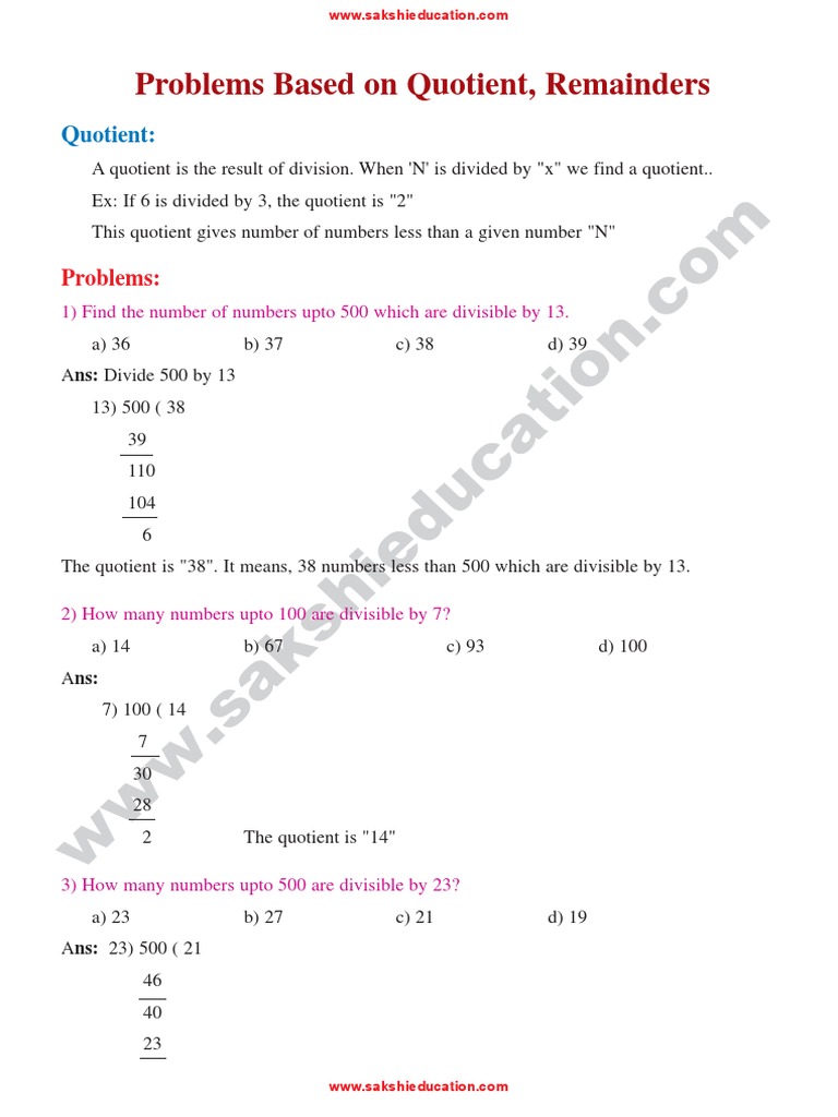 Problems Quotient Remainders | PDF | Mathematical Concepts | Elementary ...