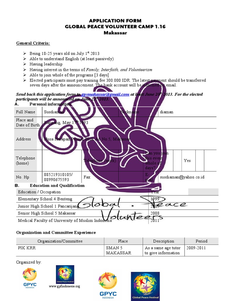 GPV Camp Application Form Makassar | PDF | Wellness | Medical