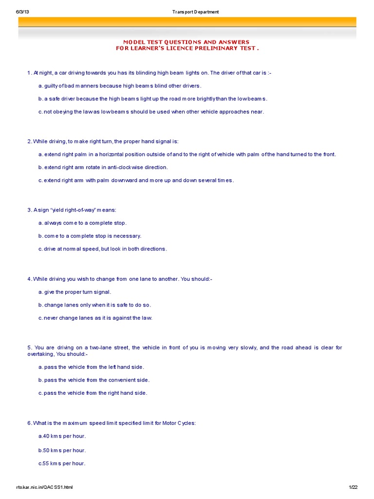 Model Test Questions and Answers For Learner'S Licence Preliminary Test ...