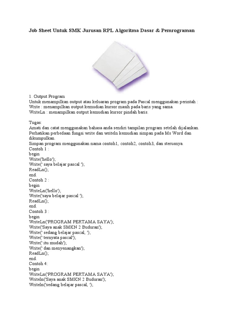 Job Sheet Untuk SMK Jurusan RPL Algoritma Dasar | PDF