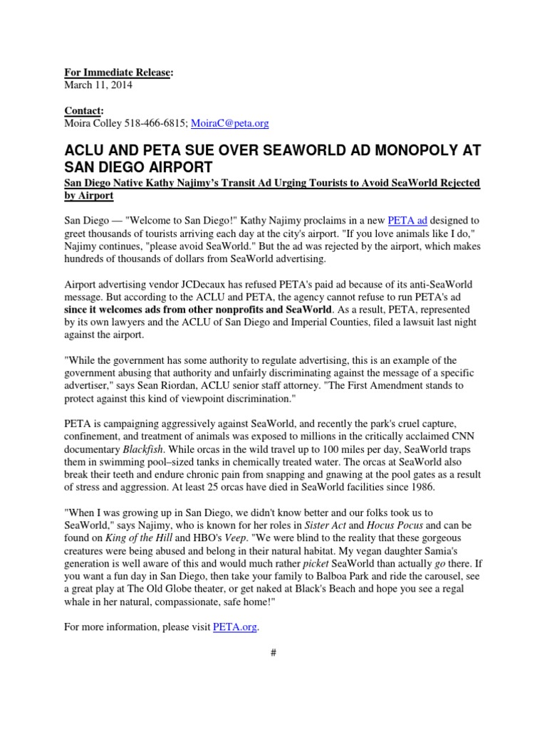 ACLU and PETA Sue San Diego Airport Vendor Over Alleged SeaWorld Ad ...