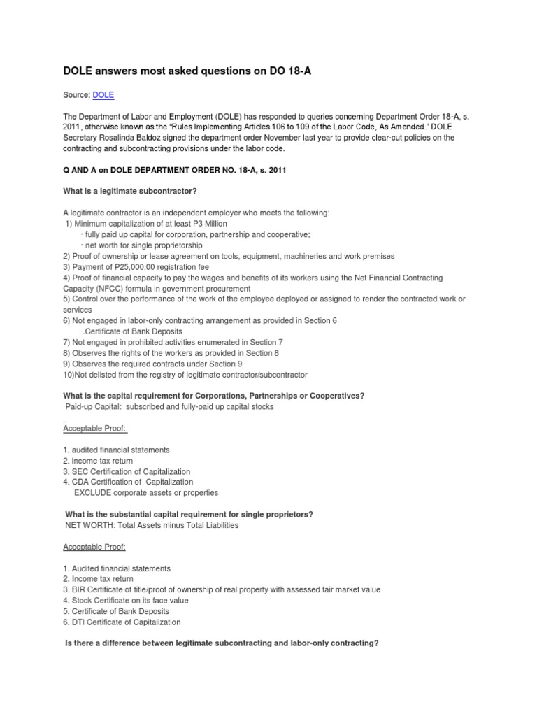 DOLE Answers Most Asked Questions On DO 18-A | PDF | Independent ...