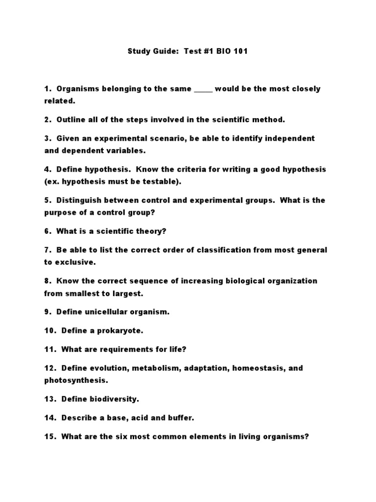BIO 101 Test 1 Study Guide (Word) | PDF