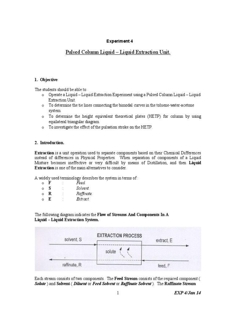 Pulsed Column Liquid - Liquid Extraction Unit.: Experiment 4 | PDF ...