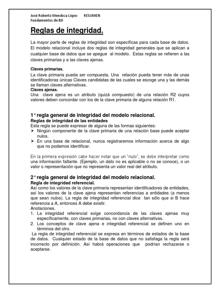 Resumen Reglas de Integridad | PDF | Base de datos relacional | Bases ...