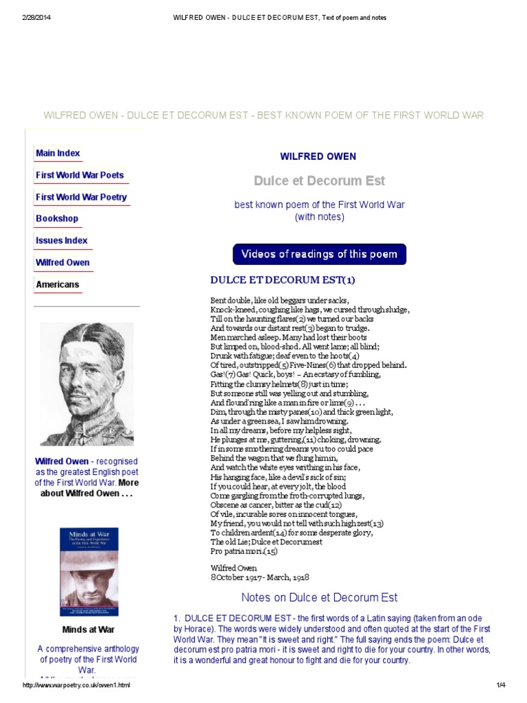 Wilfred Owen - Dulce Et Decorum Est, Text of Poem and Notes | Poetry ...