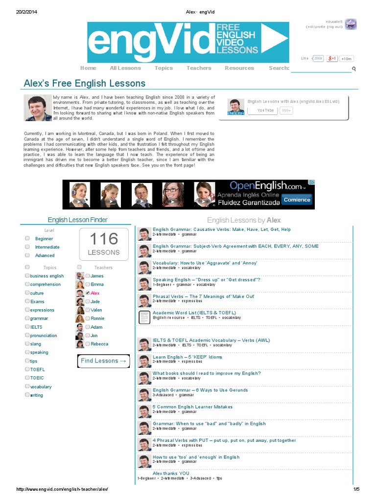 Alex's Free English Lessons: Home All Lessons Topics Teachers Resources ...