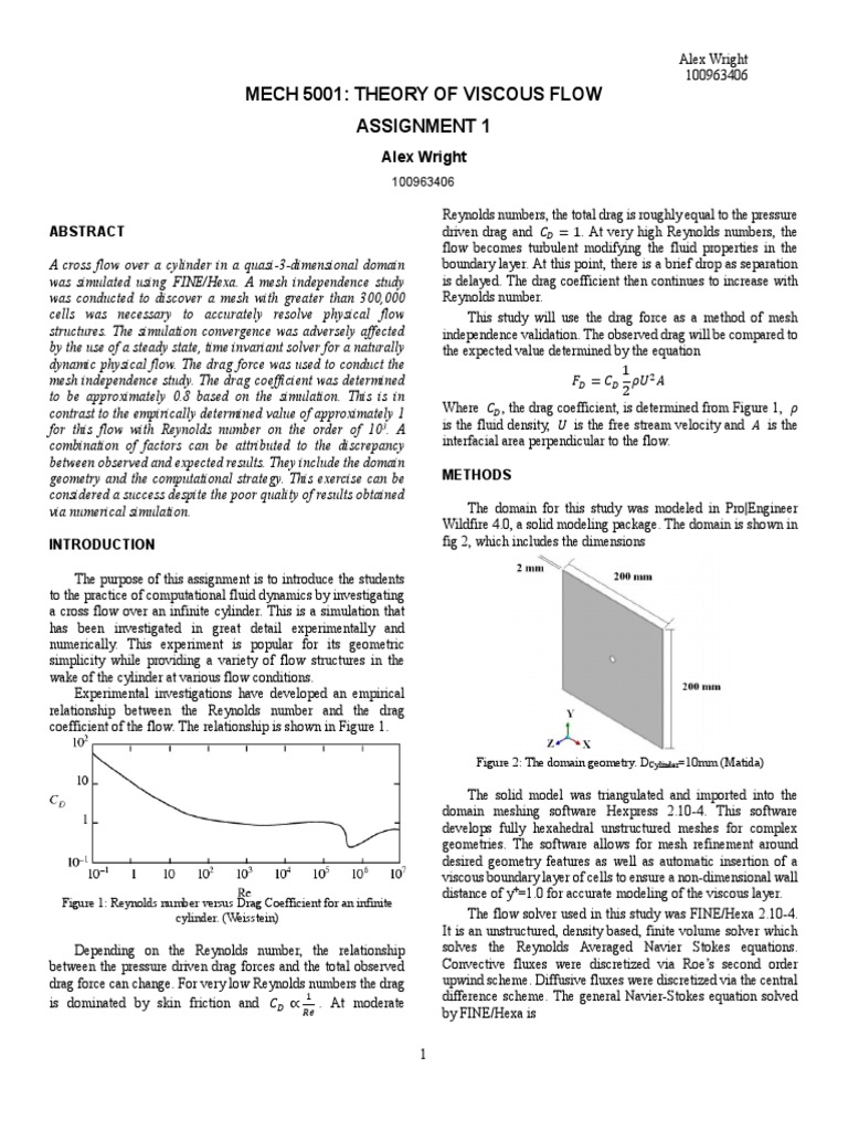 Mech 5001: Theory of Viscous Flow Assignment 1: Alex Wright | PDF | Fluid Dynamics | Drag (Physics)