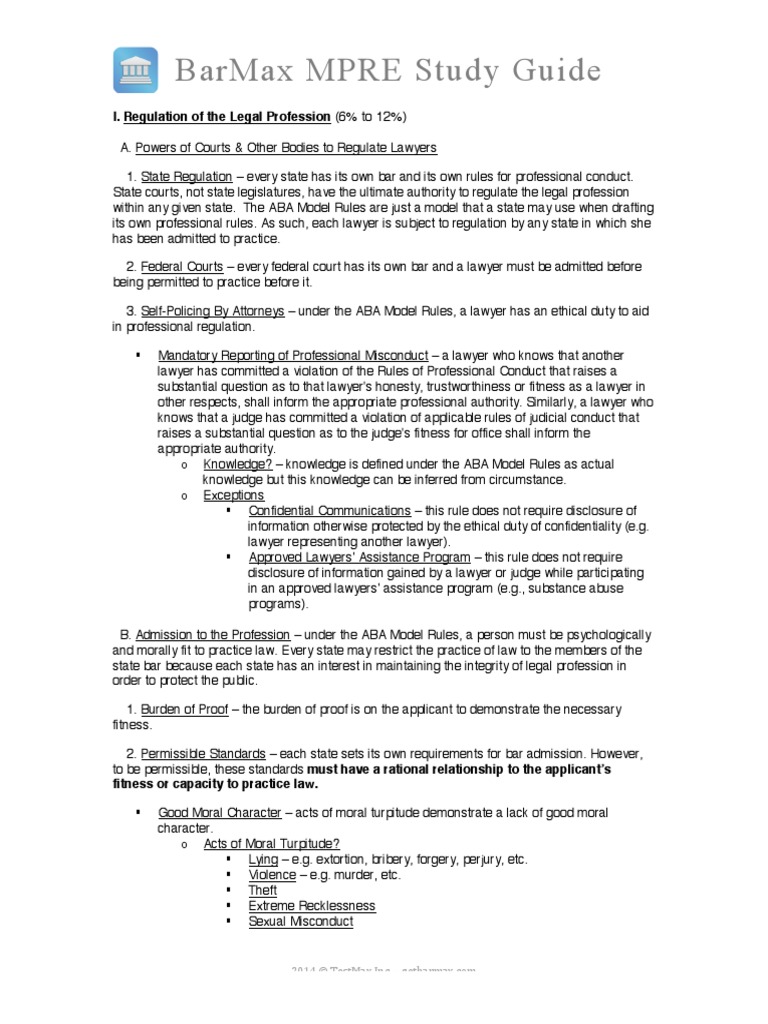 Barmax Mpre Study Guide: I. Regulation of The Legal Profession (6% To 12%) | PDF | Practice Of ...