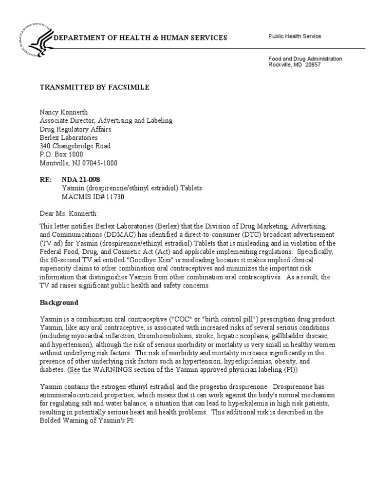 YASMIN FDA Warning Letter | PDF | Medical Treatments | Drugs