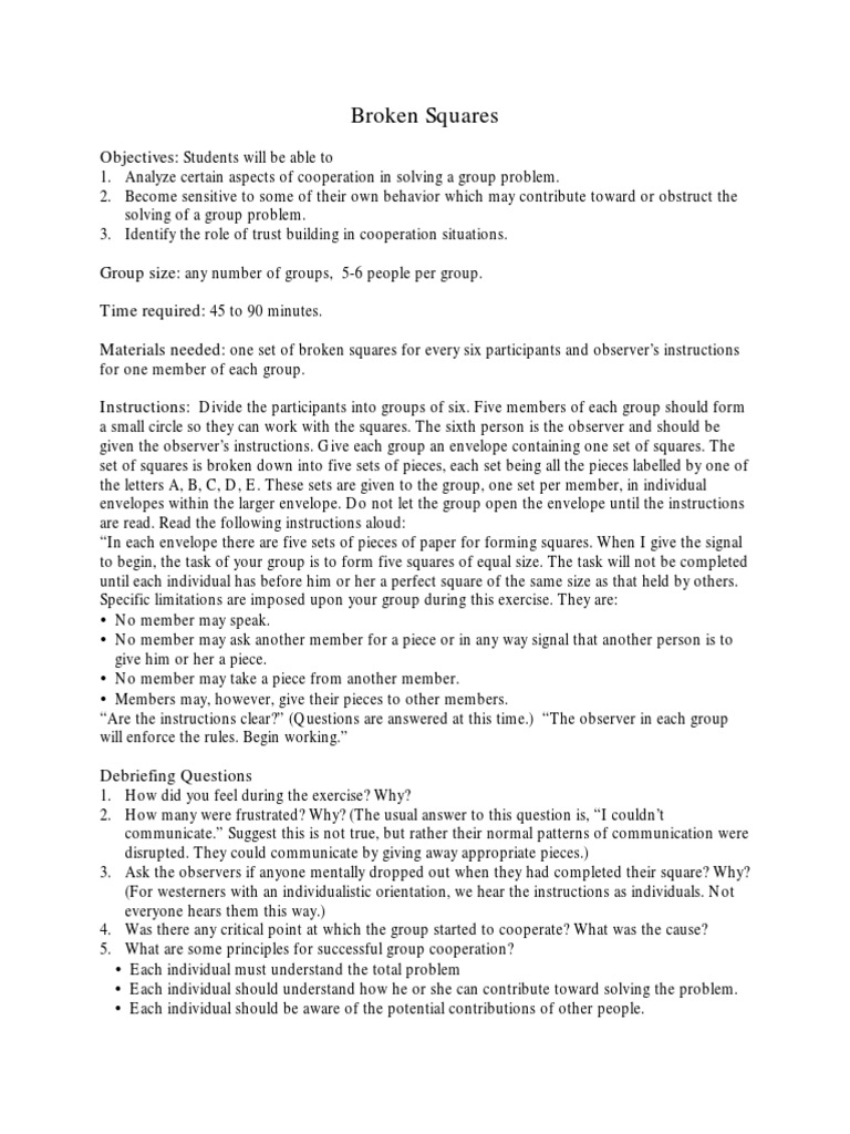 Broken Squares Team Building Exercise | PDF | Behavior Modification ...