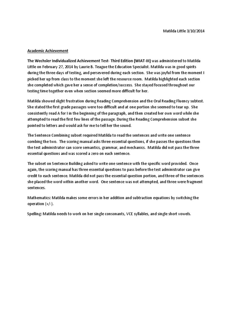 Academic Achievement The Wechsler Individualized Achievement Test-Third ...