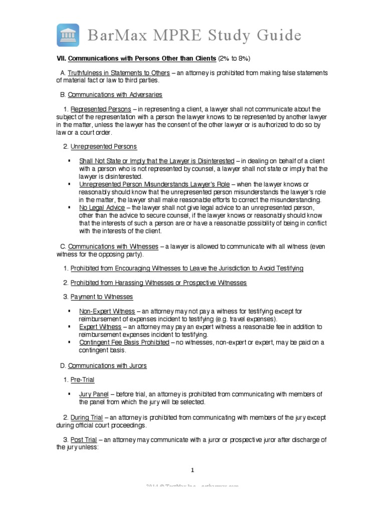 Barmax Mpre Study Guide: Vii. Communications With Persons Other Than Clients (2% To 8%) | PDF ...