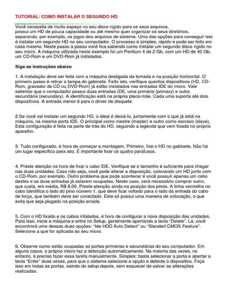 Como Instalar Um Segundo HD | PDF | Drive de disco rígido | Informática
