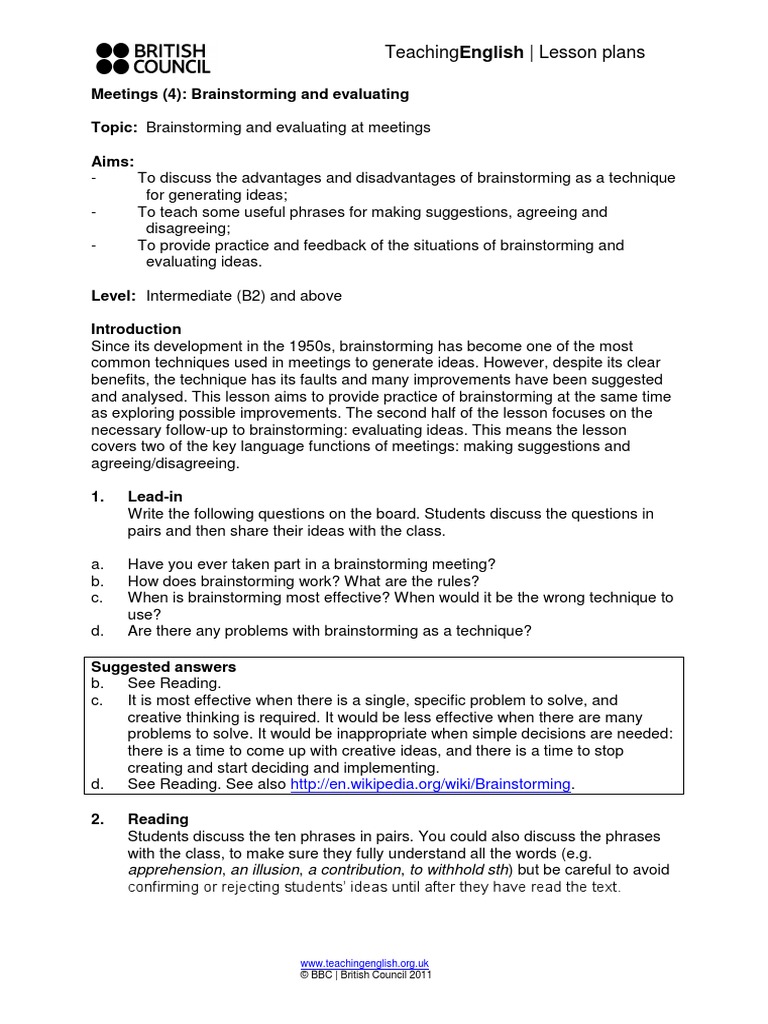 Meetings 4 - Brainstorming and Evaluating - Lesson Plans | PDF ...