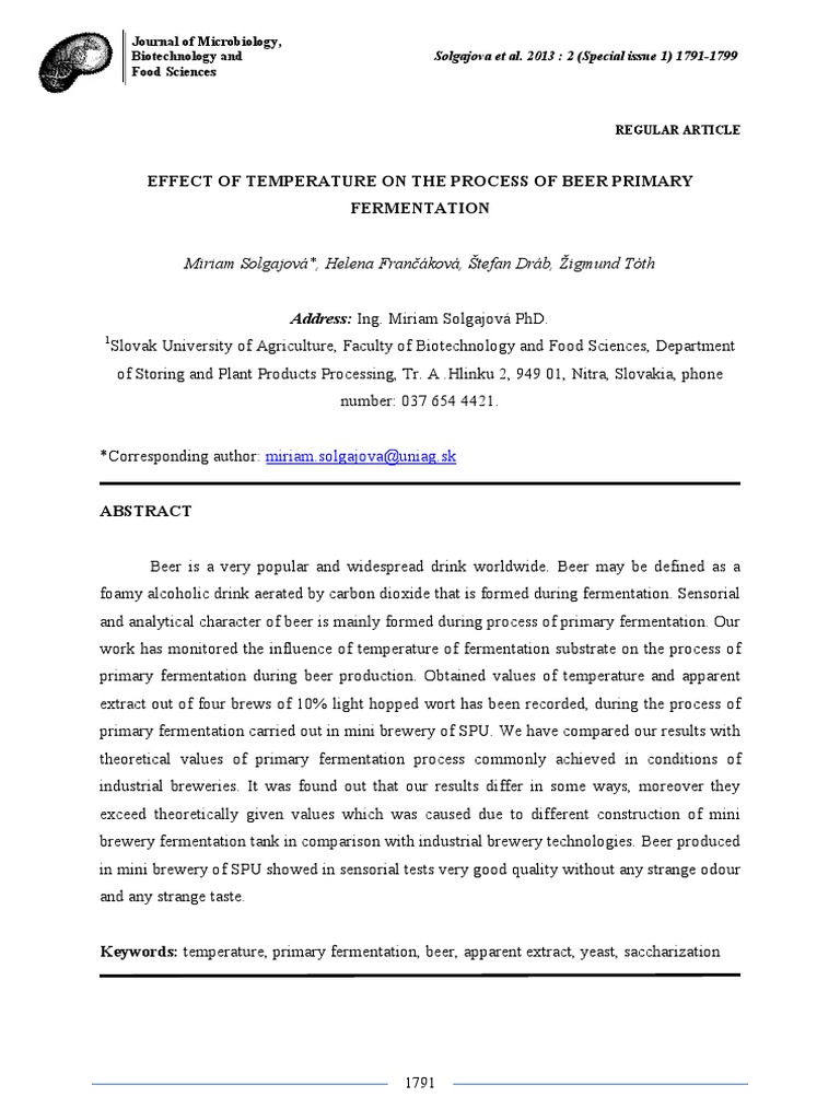 Effect of Temperature On The Process of Beer Primary Fermentation | PDF ...
