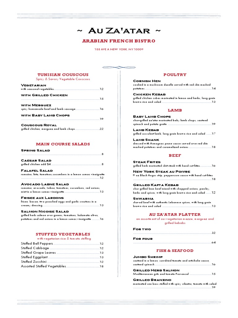 Au Za'Atar Dinner Menu | PDF | Salad | Kebab