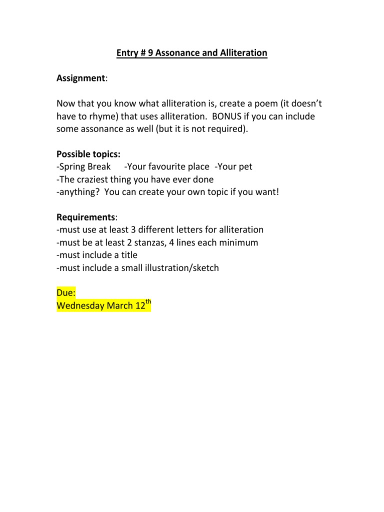 Alliteration Poem Assignment Guide | PDF