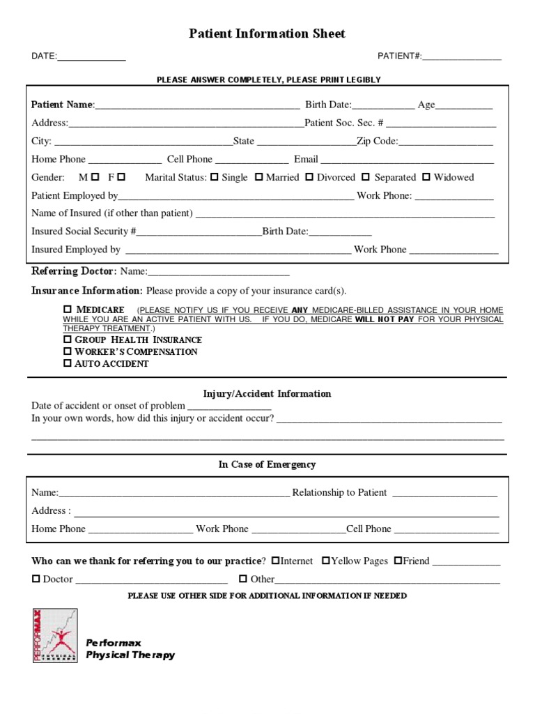 New Patient Forms | Physical Therapy | Pain