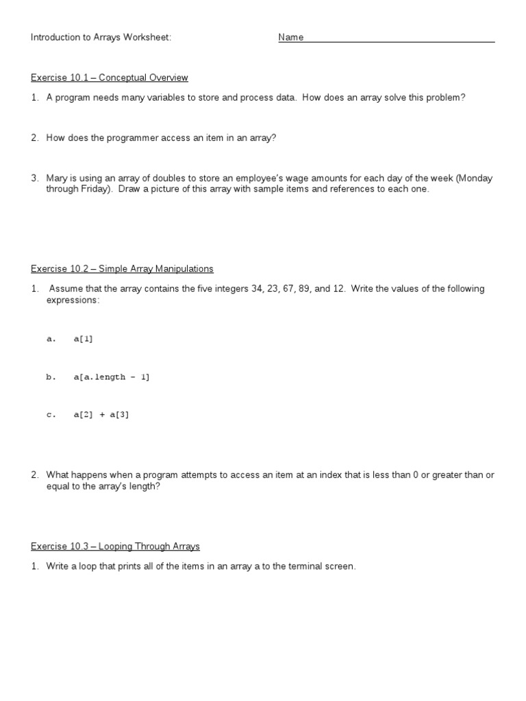 Ch6 Intro To Arrays Worksheet Pdf Array Data Structure Computer Engineering