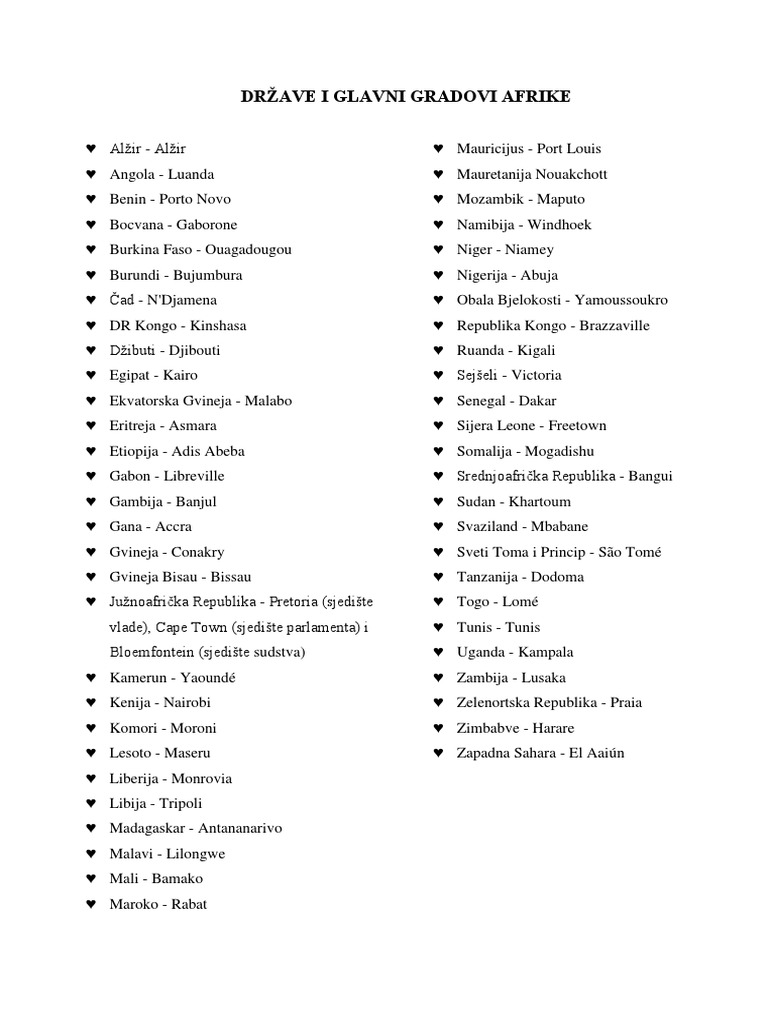 Države I Glavni Gradovi Afrike | PDF