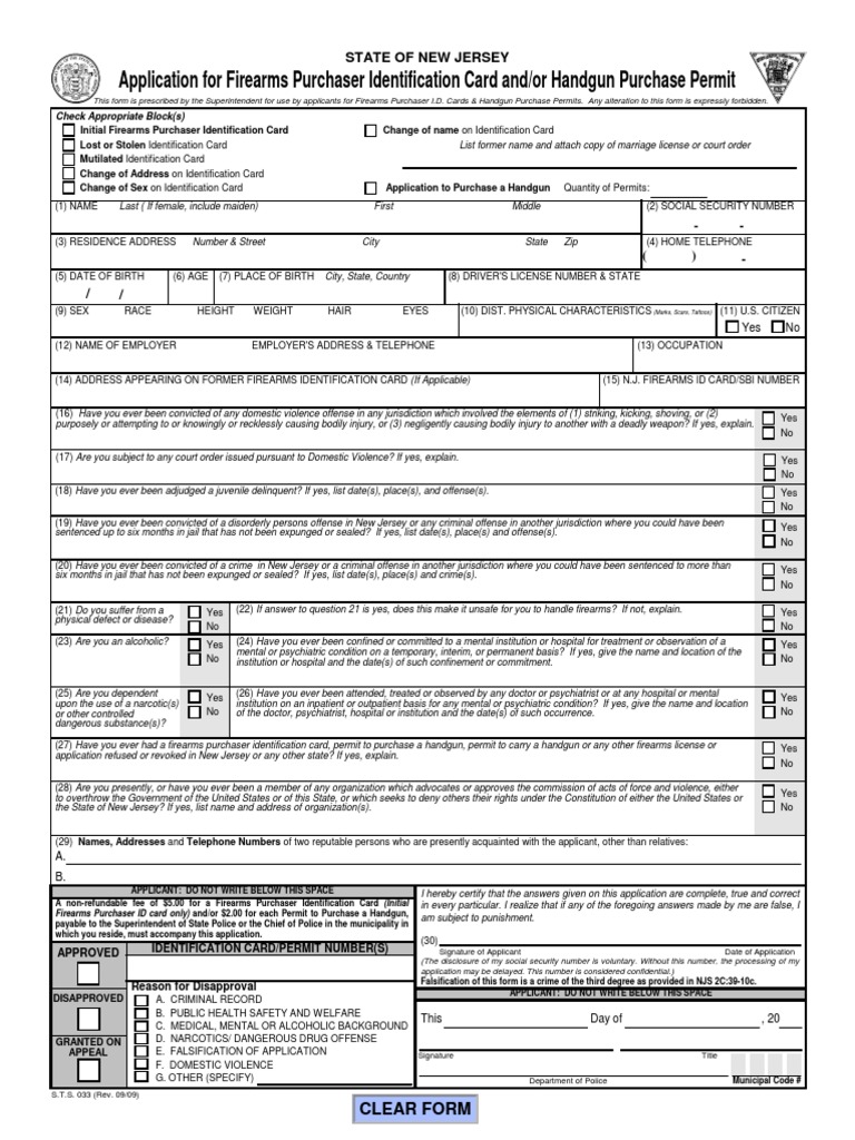 Application For Firearms Purchaser Identification Card and or Handgun ...