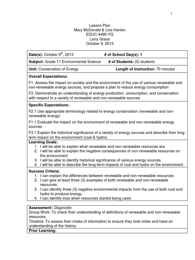 Renewable Nonrenewable Resources Lesson Plan | PDF | Hydroelectricity | Coal