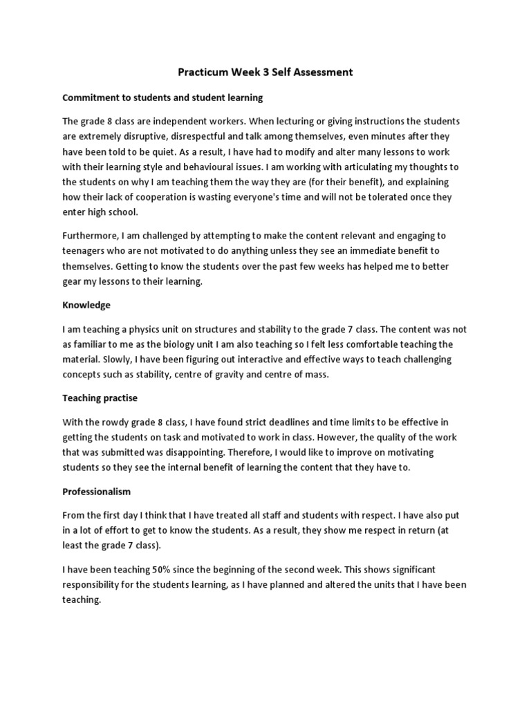 Practicum Week 3 Self Assessment | PDF | Teachers | Sharing