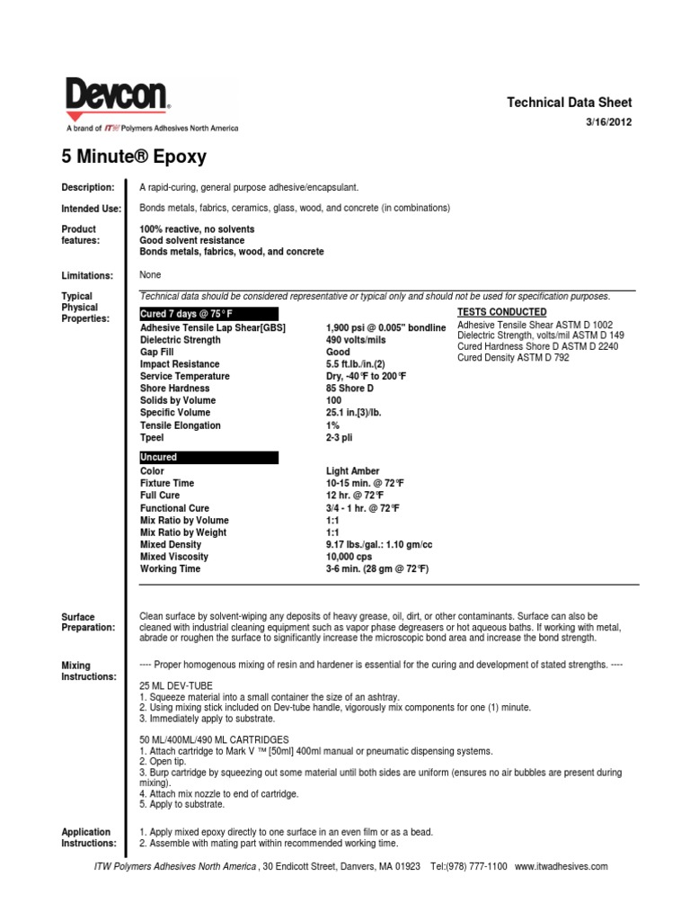 DevCon 5 Minute Epoxy Technical Data Sheet | PDF | Epoxy | Adhesive