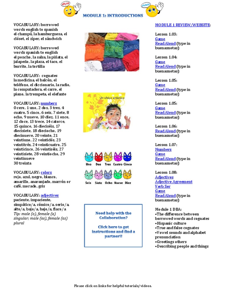 Spanish 1 Module 1 Review | PDF | Grammatical Gender | Grammar