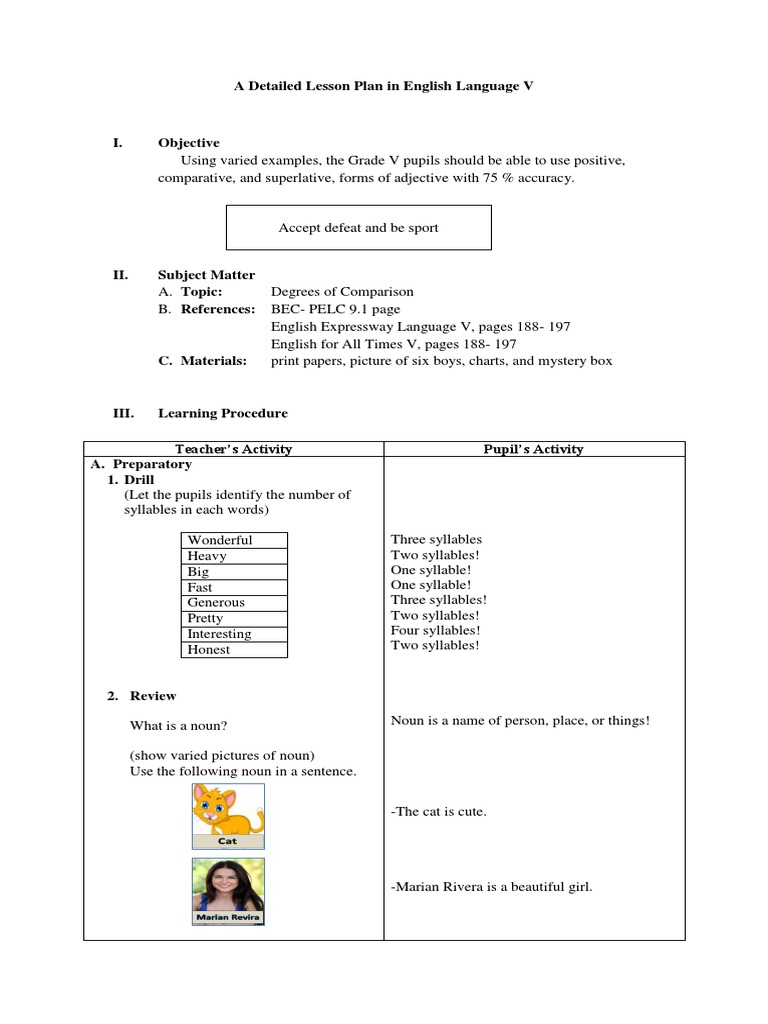 A Detailed Lesson Plan in English Language | PDF | Adjective | Noun